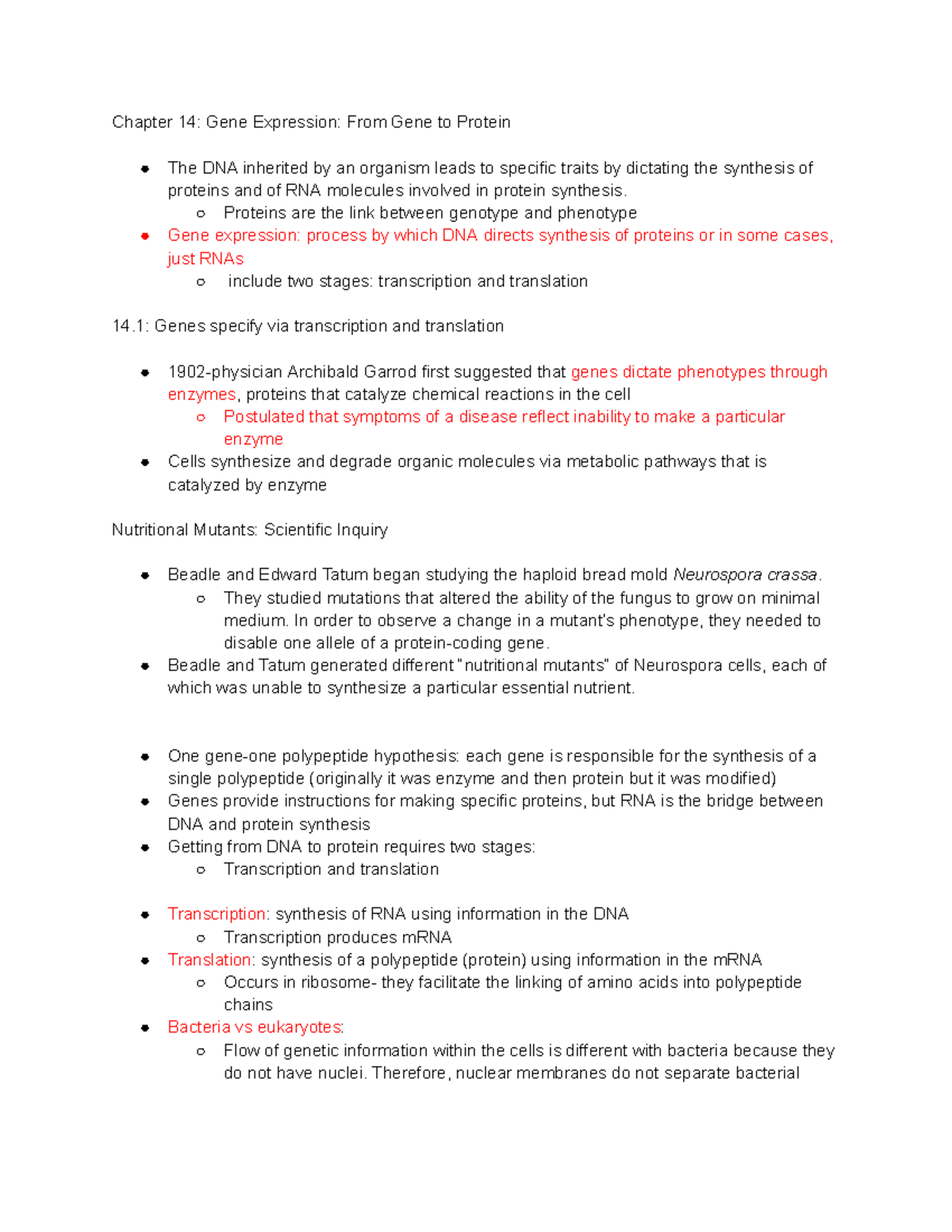 Ap Bio Chapter 14 Gene Expression Protein Synthesis Notes Studocu