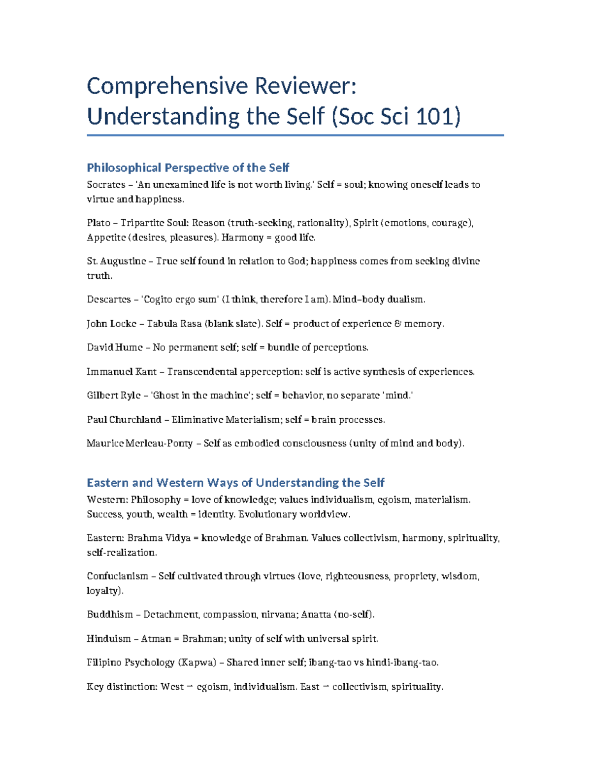 Comprehensive Reviewer: Understanding the Self in Soc Sci 101 - Studocu