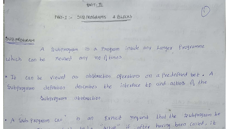 PPL- Unit 3: Subprograms and Their Characteristics - Exam Notes - Studocu