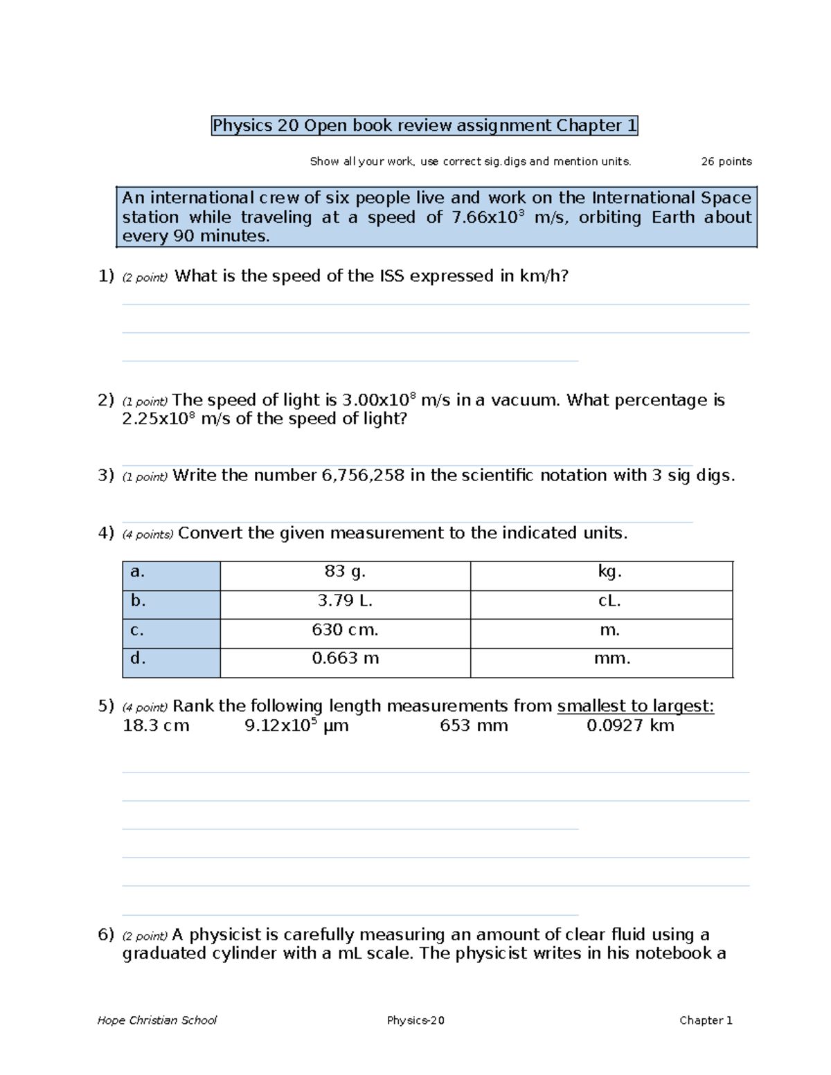 Physics 20 Chapter 1 Open Book Review Assignment - Studocu