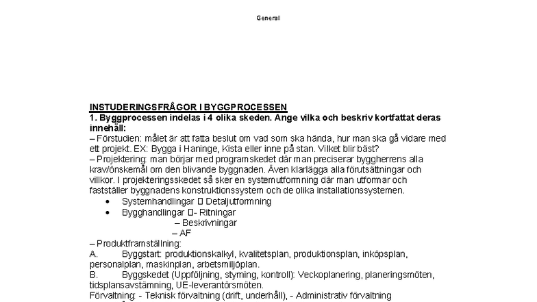 Instuderingsfrågor I Byggprocessen 1: Skeden och Planer - Studocu