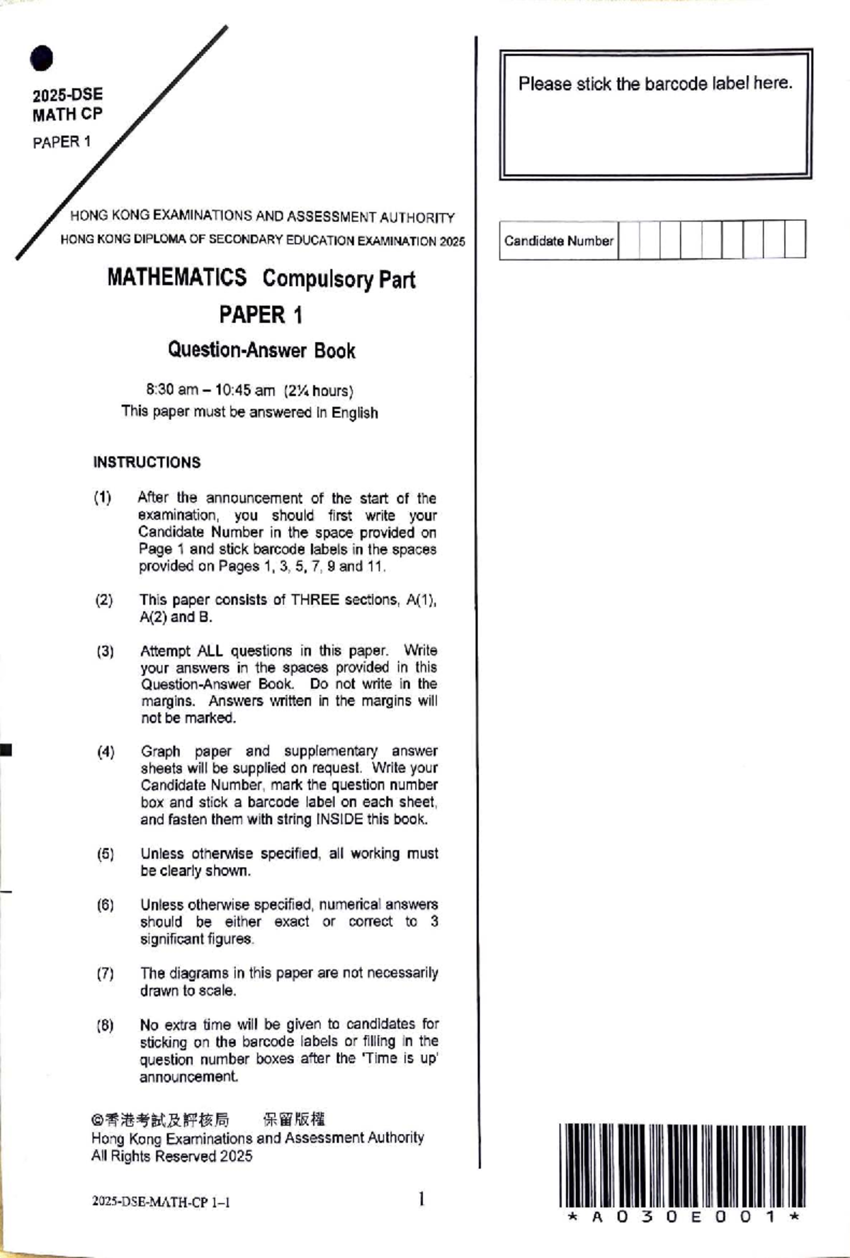 MATH CP PAPER 1 2025 DSE Mathematics Past Paper Solutions - Studocu