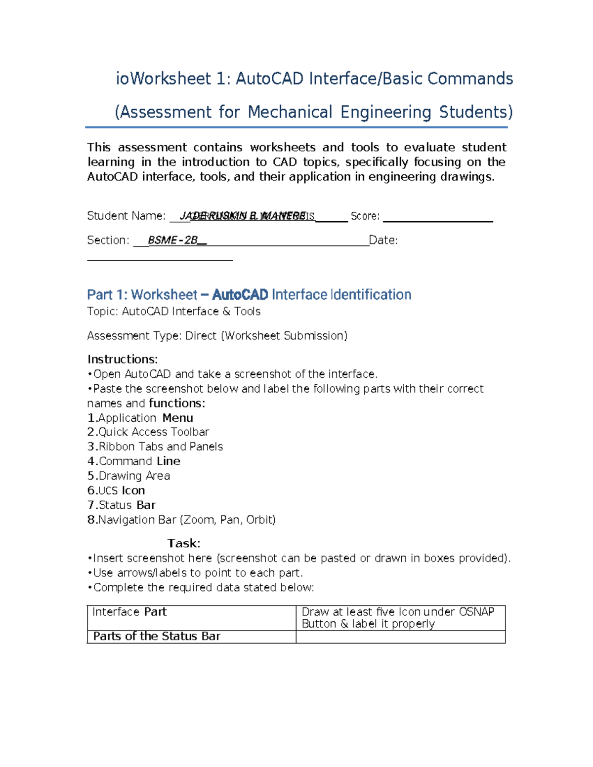 ME 101: Worksheet 1 - AutoCAD Commands Assessment - Studocu