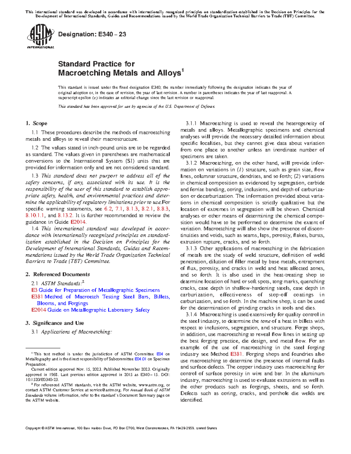 E340 23 Standard Practice for Macroetching Metals and Alloys - Studocu