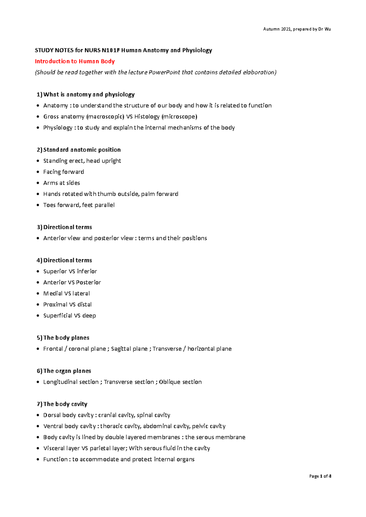 Note introduction to human body 2021 - STUDY NOTES for NURS N101F Human ...