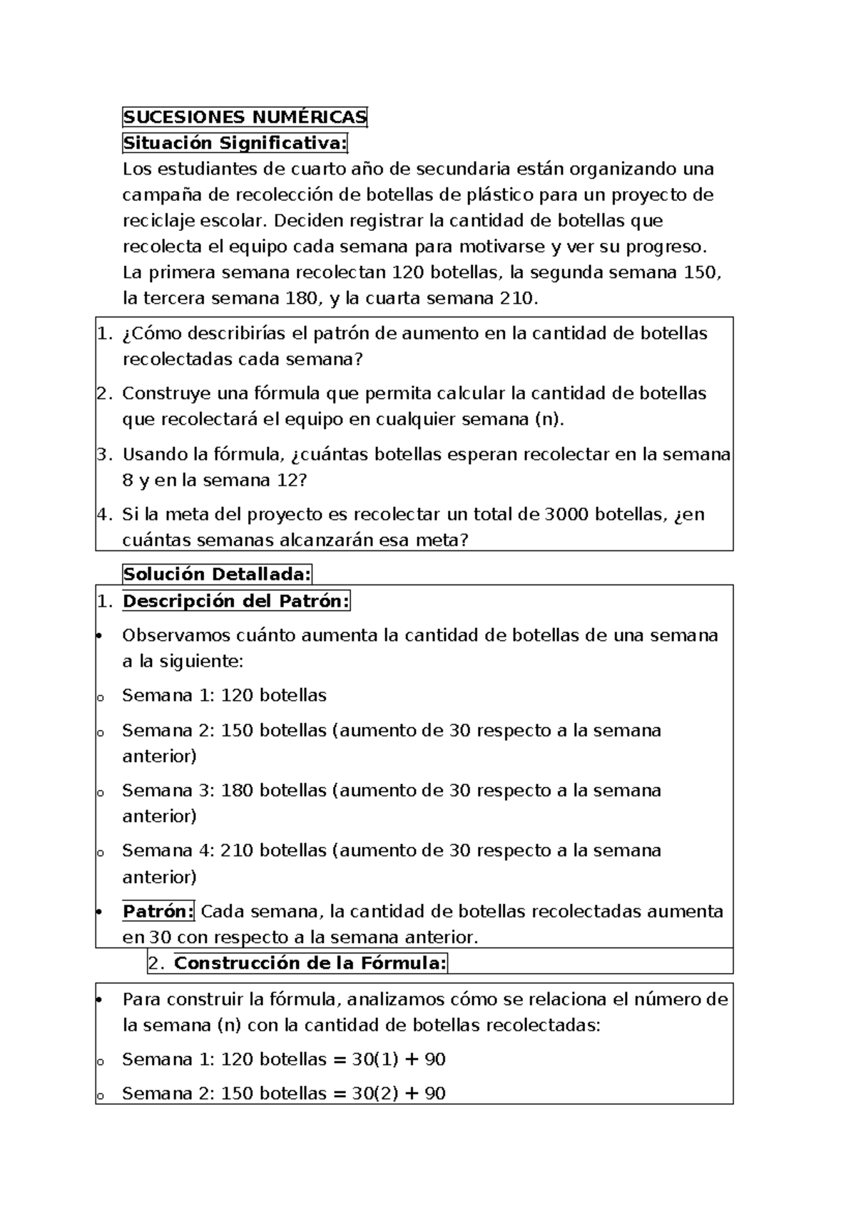 SUCESIONES NUMÉRICAS: Análisis de Recolección de Botellas - Studocu