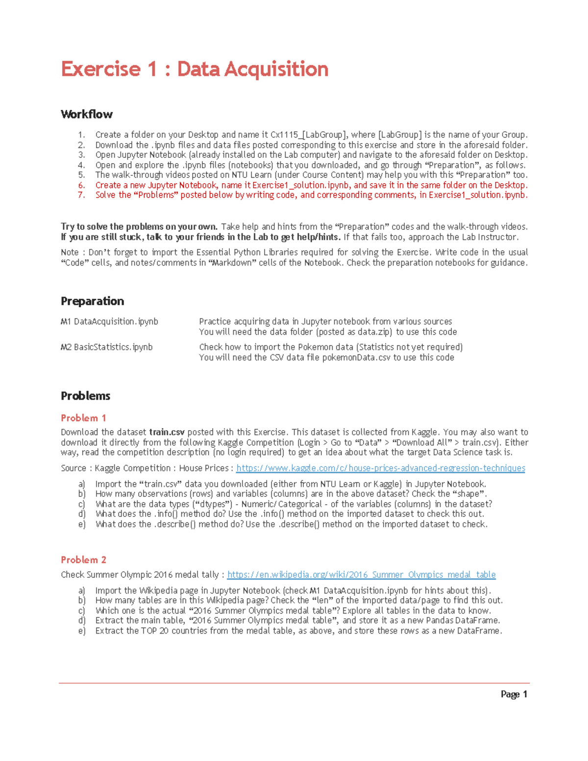 Exercise 1: Data Acquisition and Problem Set for Cx1 115 - Studocu