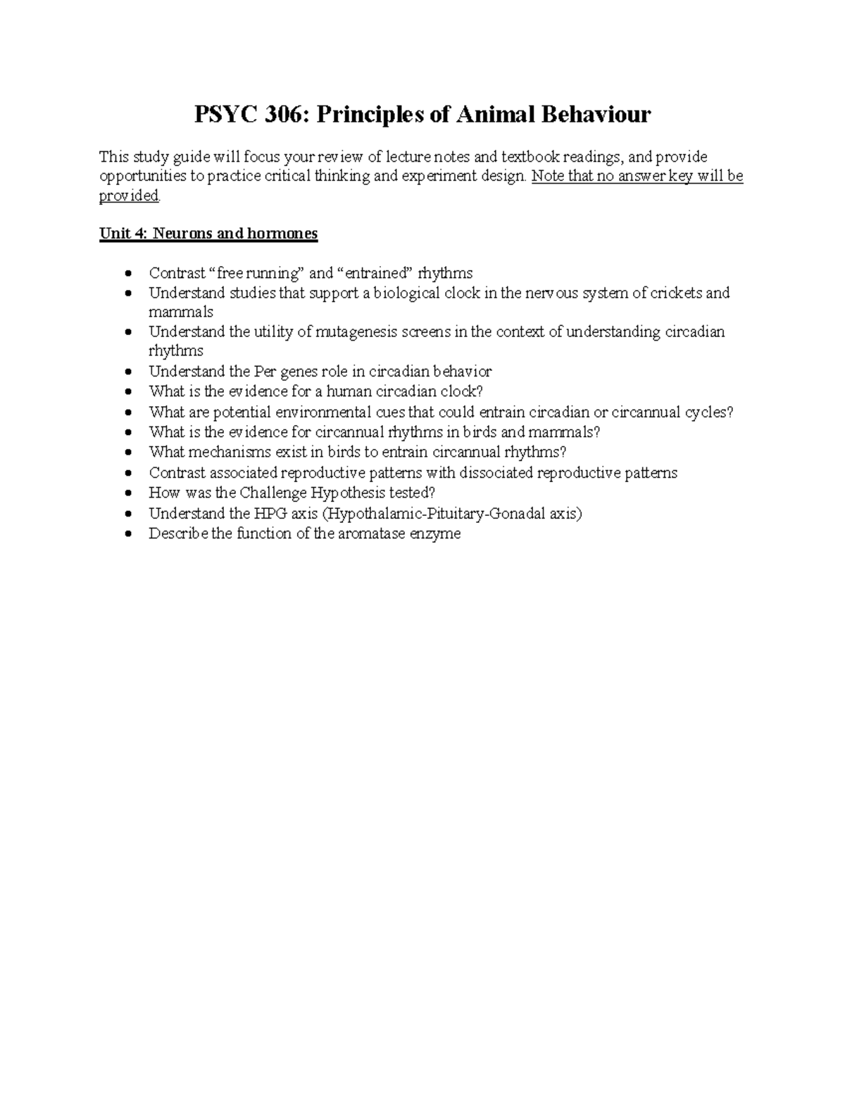 PSYC 306: Unit 4 Study Guide on Animal Behaviour Principles - Studocu