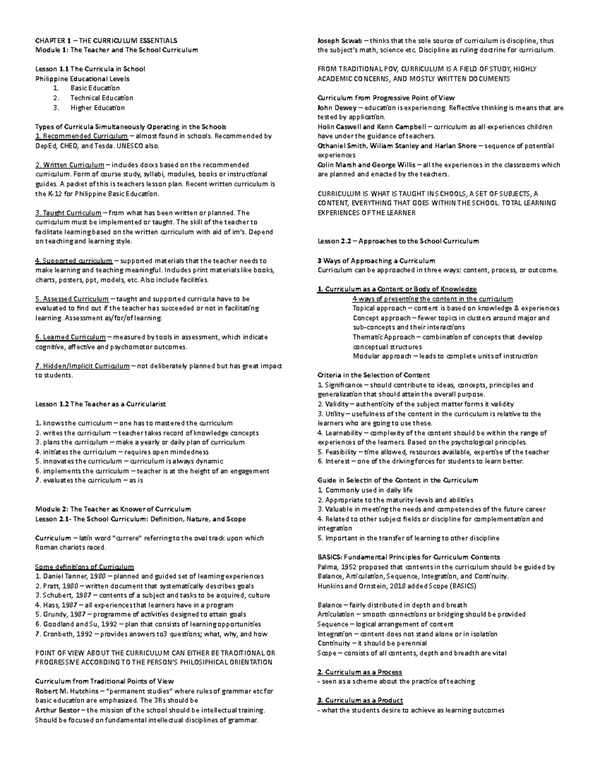 Chapter 1 - The Teacher and the School Curriculum Overview - Studocu