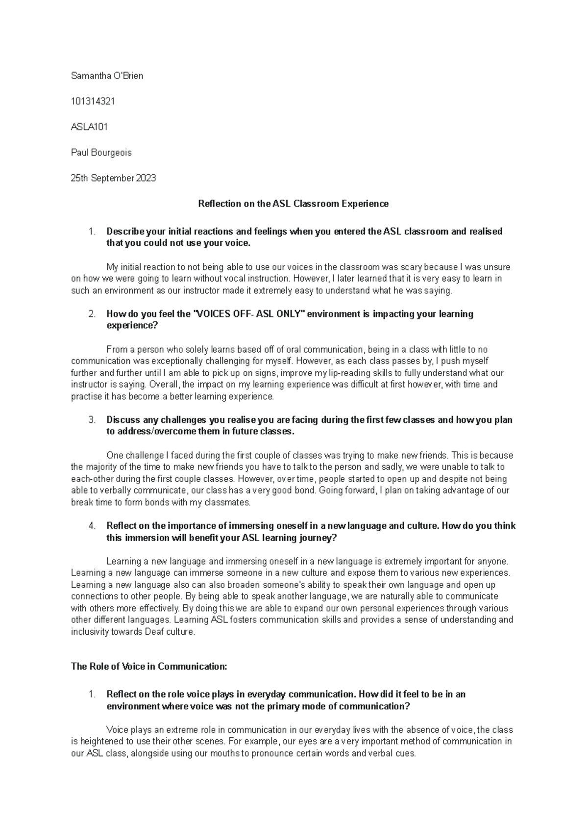 ASL 101: Reflection on Classroom Experience and Learning Journey - Studocu