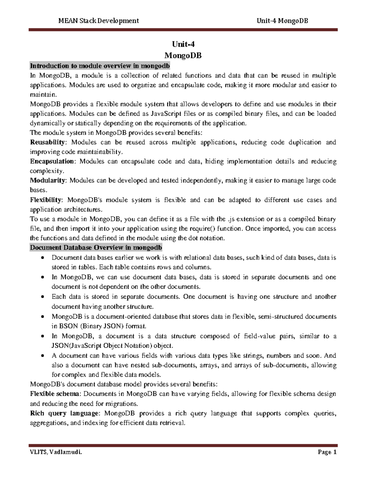 Unit 4: MongoDB Fundamentals and Module Overview - MSD-M - Studocu