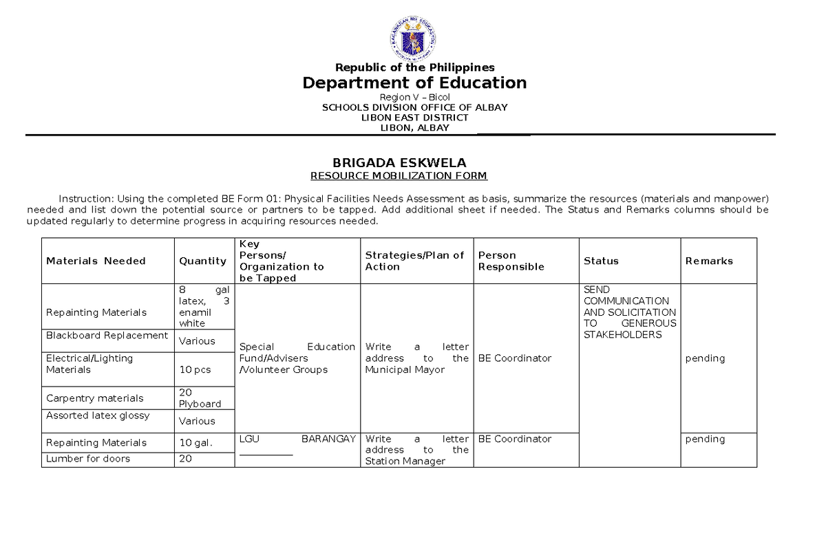 BE Form 3 Resource Mobilization - Republic of the Philippines ...