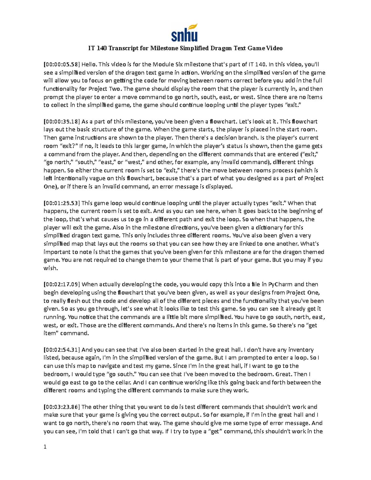 IT 140 Transcript for Milestone Simplified Dragon Text Game Video ...