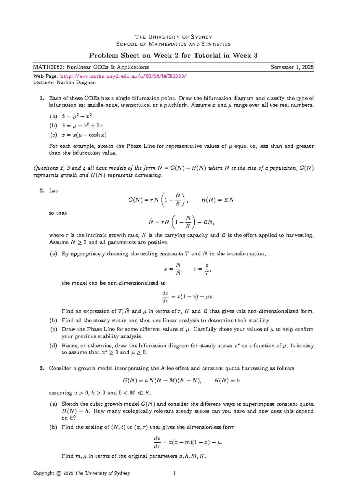MATH3063: Week 2 Problem Sheet on Nonlinear ODEs Applications - Studocu