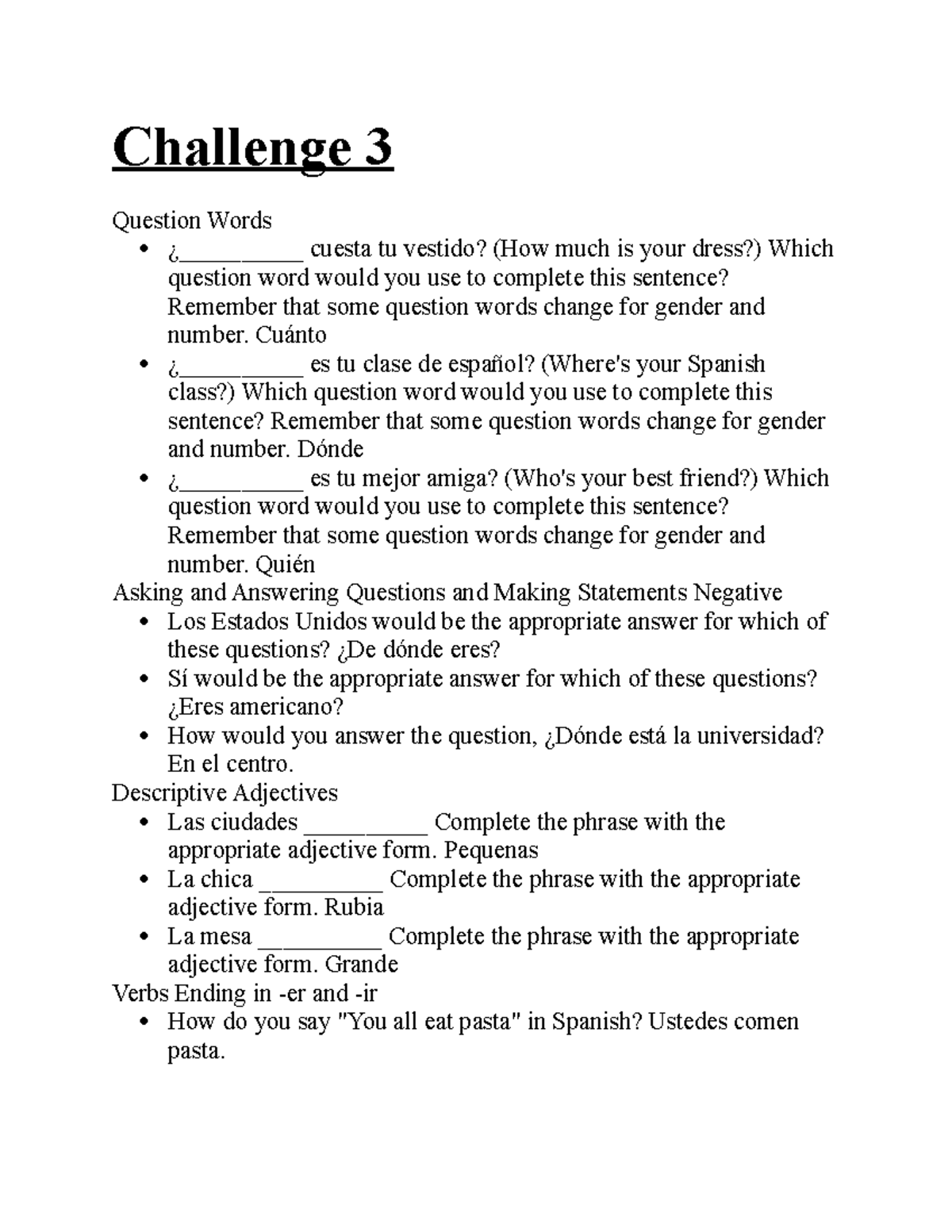 Challenge 3 - Spanish I: Question Words, Adjectives, and Verbs - Studocu