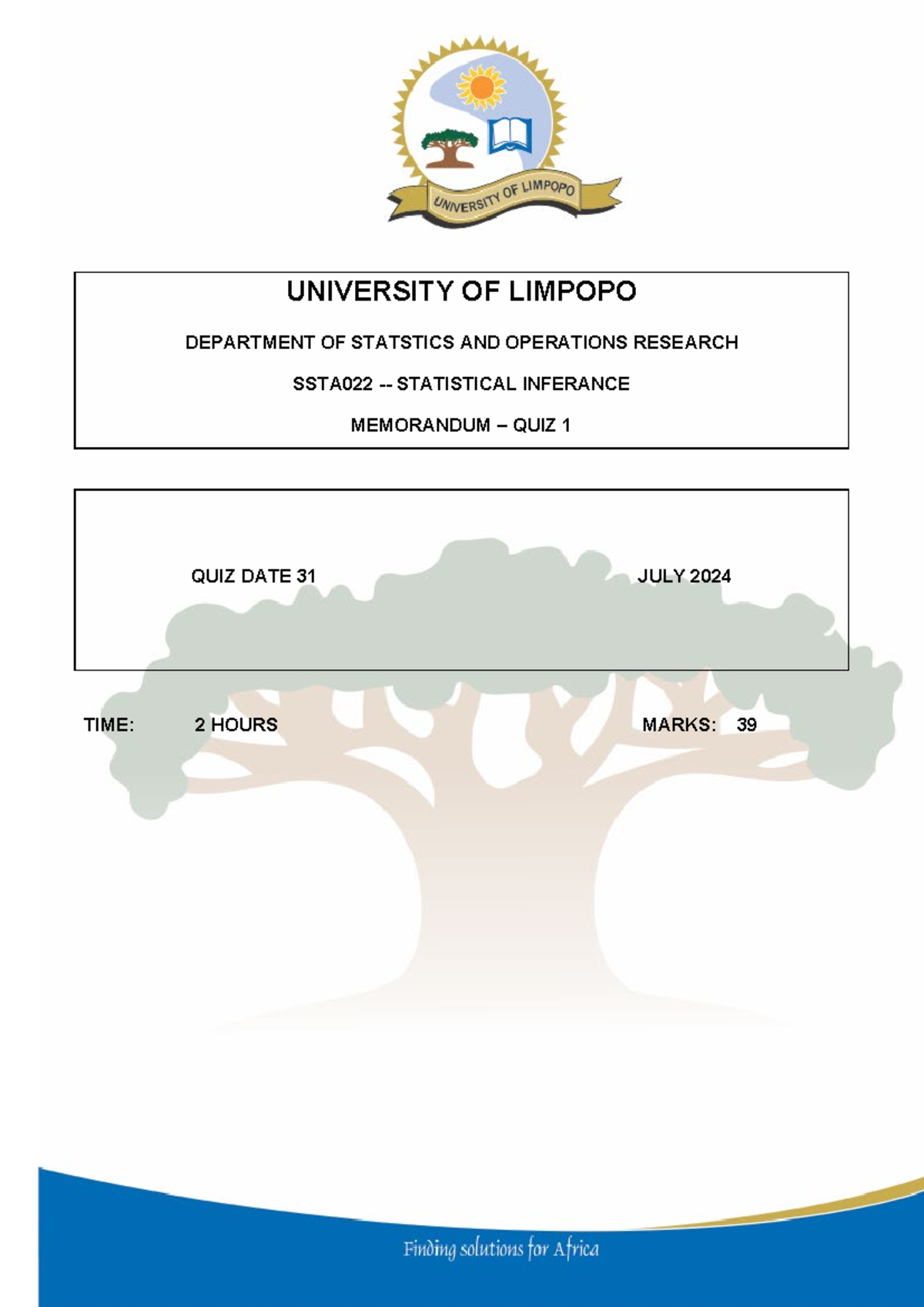 SSTA022 - QUIZ 1 MEMO - Statistical Inference Practice Material - Studocu