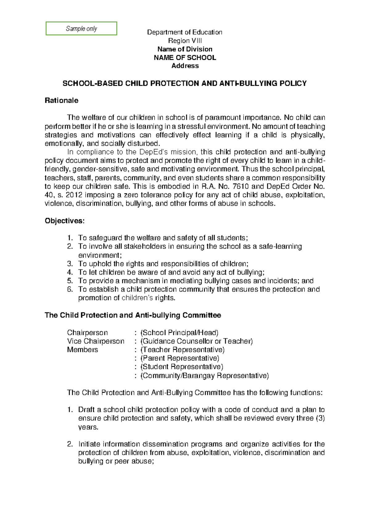 School-Based Child Protection & Anti-Bullying Policy Template - Studocu