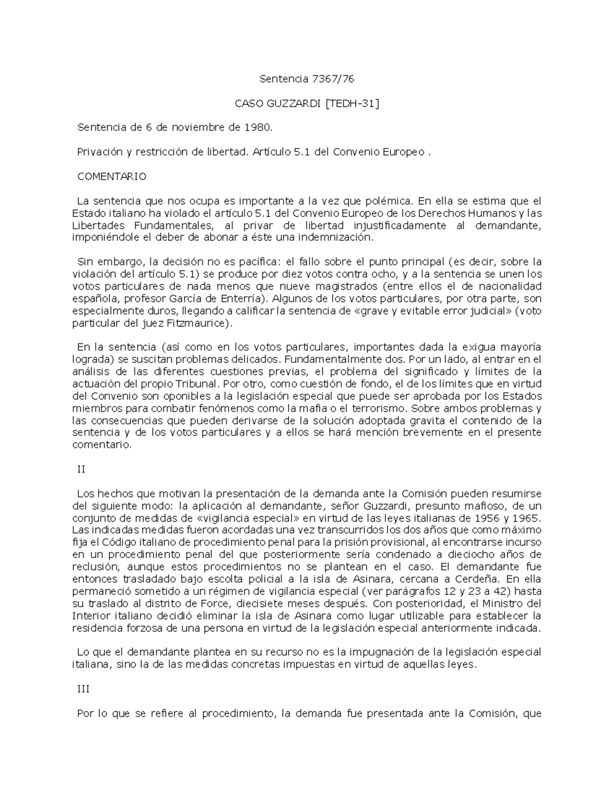 Resumen de la Sentencia del Caso Guzzardi v. Italia [TEDH-31 ...