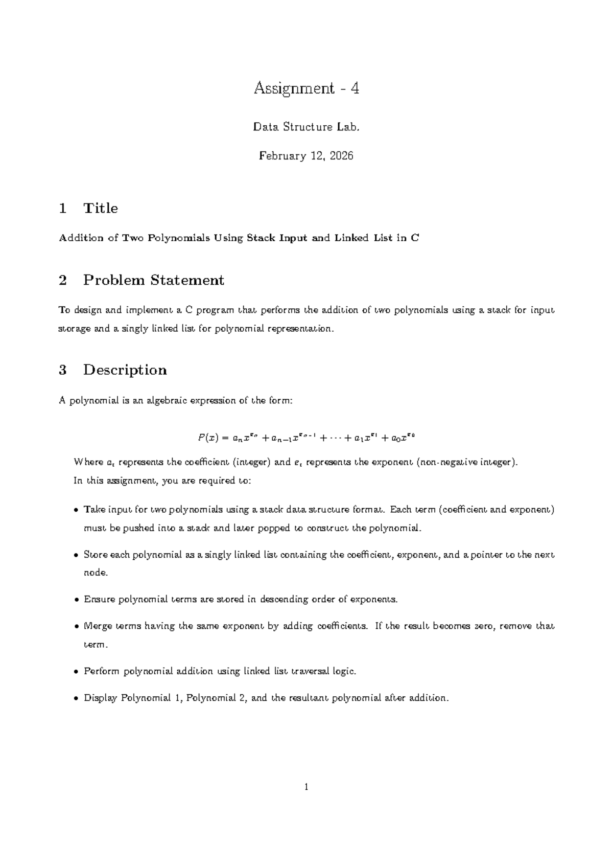 Assignment 4: Addition of Polynomials Using Stack and Linked List in C ...