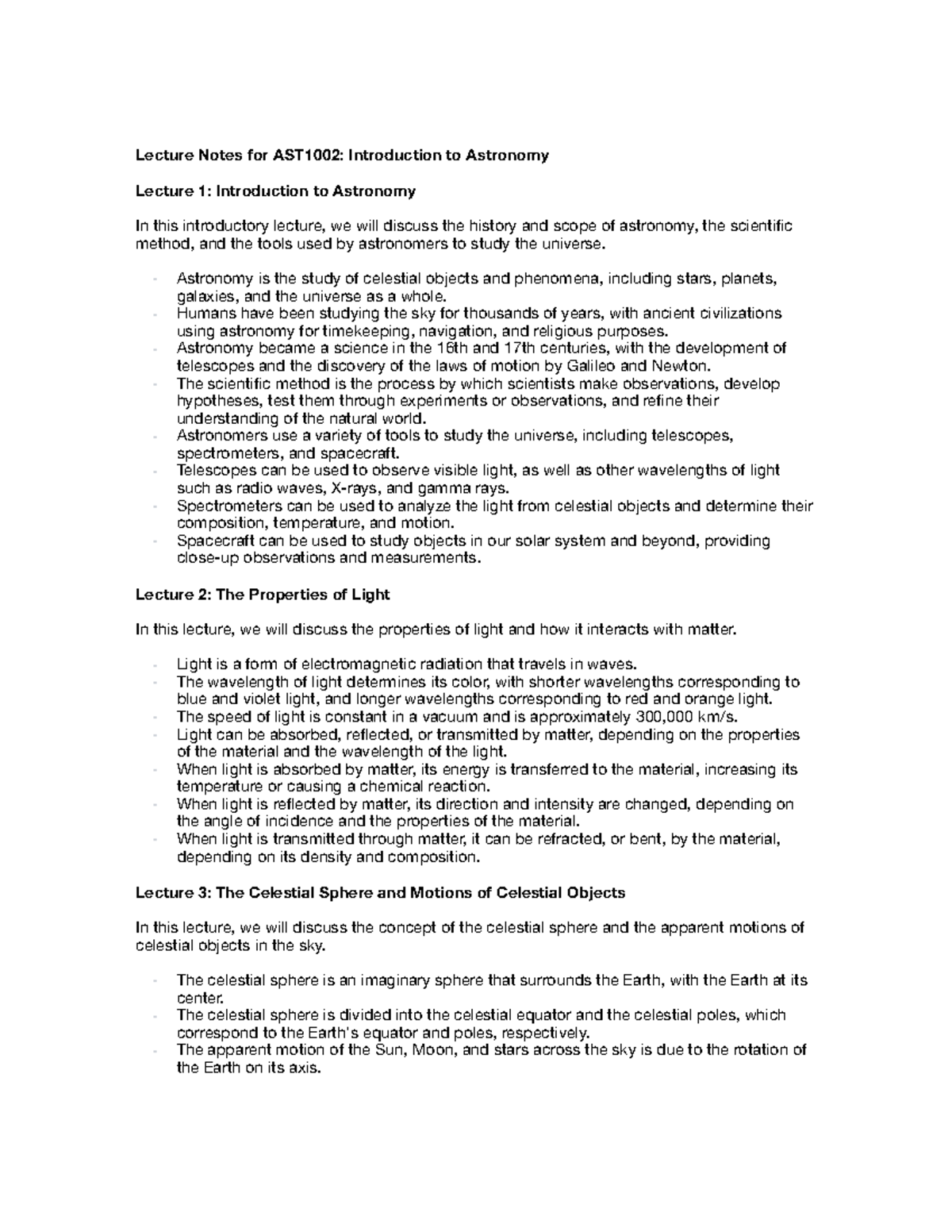 Lecture Notes for AST1002: Intro to Astronomy and Light Properties ...
