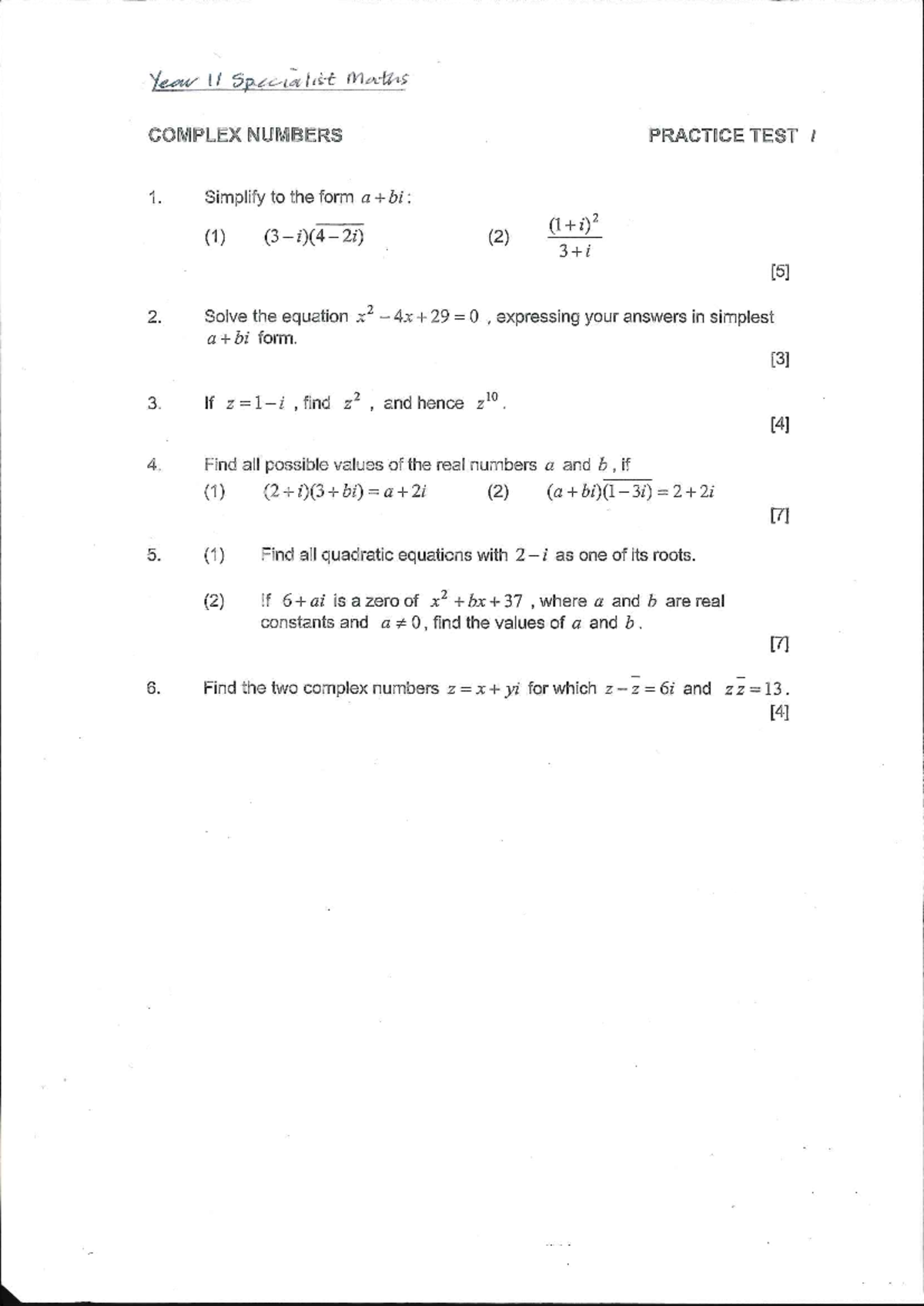 Exam - complext numbers prac test 1 - Year 11 Specialist Maths COMPLEX ...