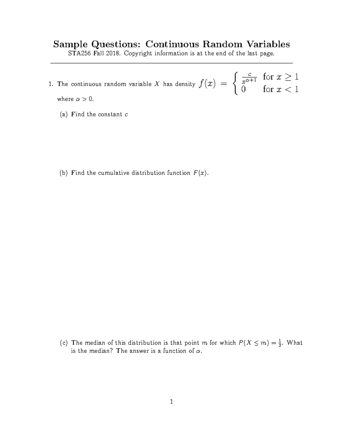 Sample Questions: Continuous Random Variables STA256 Midterm 2018 - Studocu