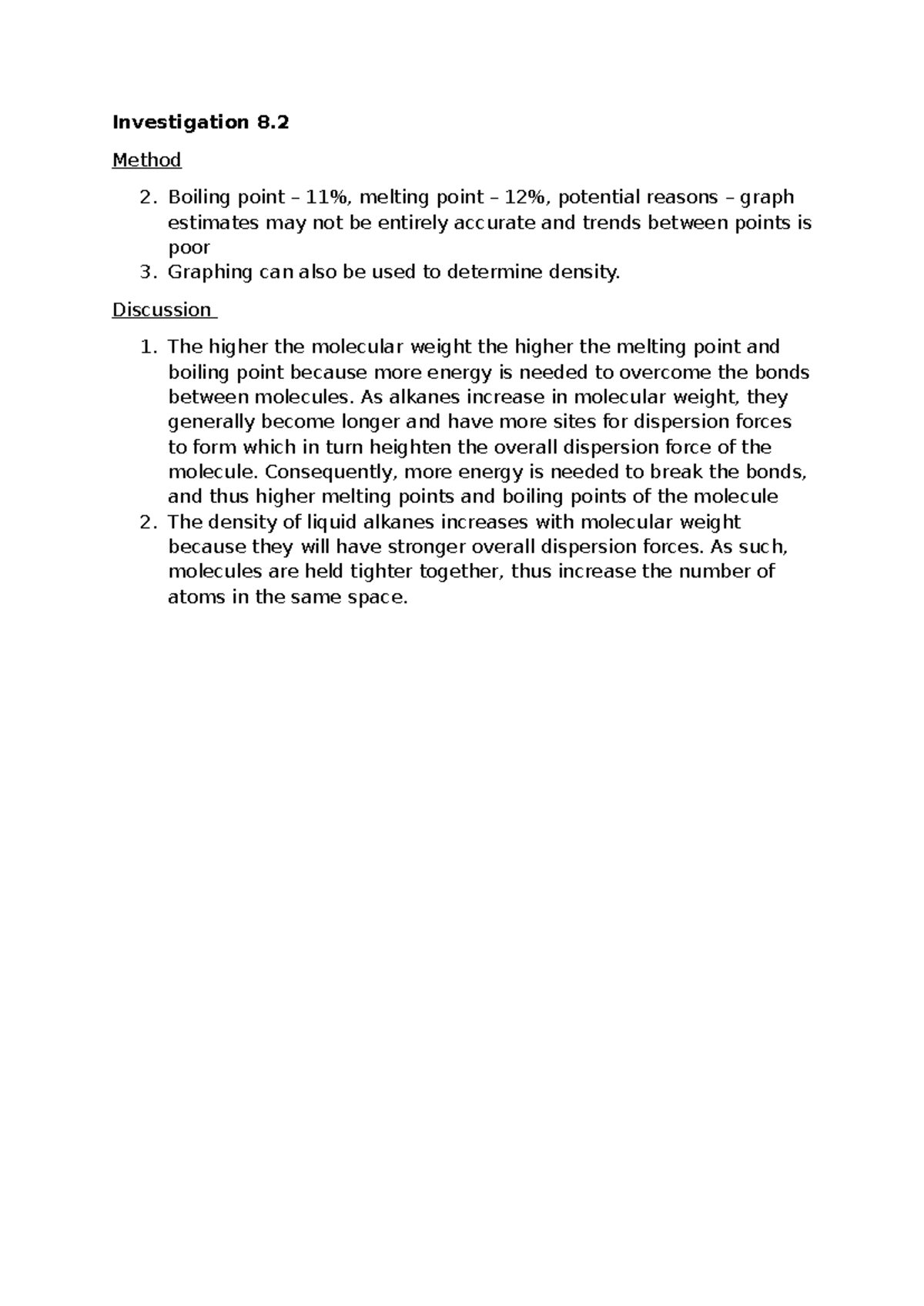 Investigation 8: Boiling & Melting Points of Alkanes Analysis - Studocu