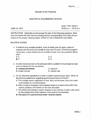 MATH AND ESAS 4 - PREBOARD QUIZ: ELECTRICAL ENGINEERING MIXED QUESTIONS ...