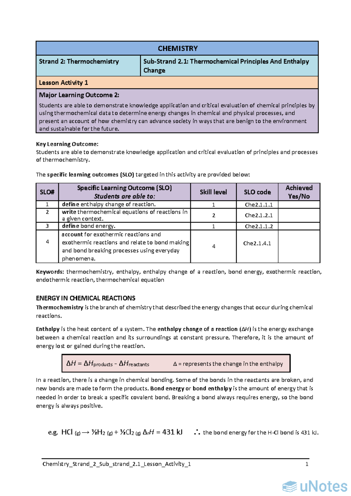 CHEMISTRY Strand 2: Thermochemical Principles & Enthalpy Change Lesson ...