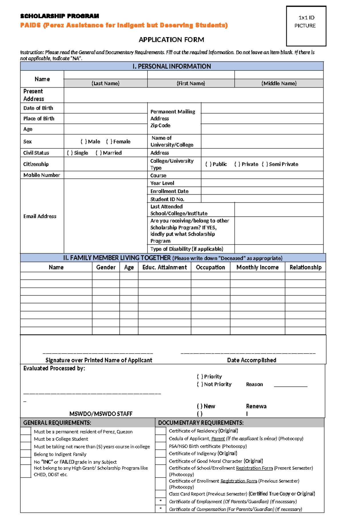 SCHOLARSHIP PROGRAM 1x1 ID PICTURE PAIDS APPLICATION FORM - Studocu
