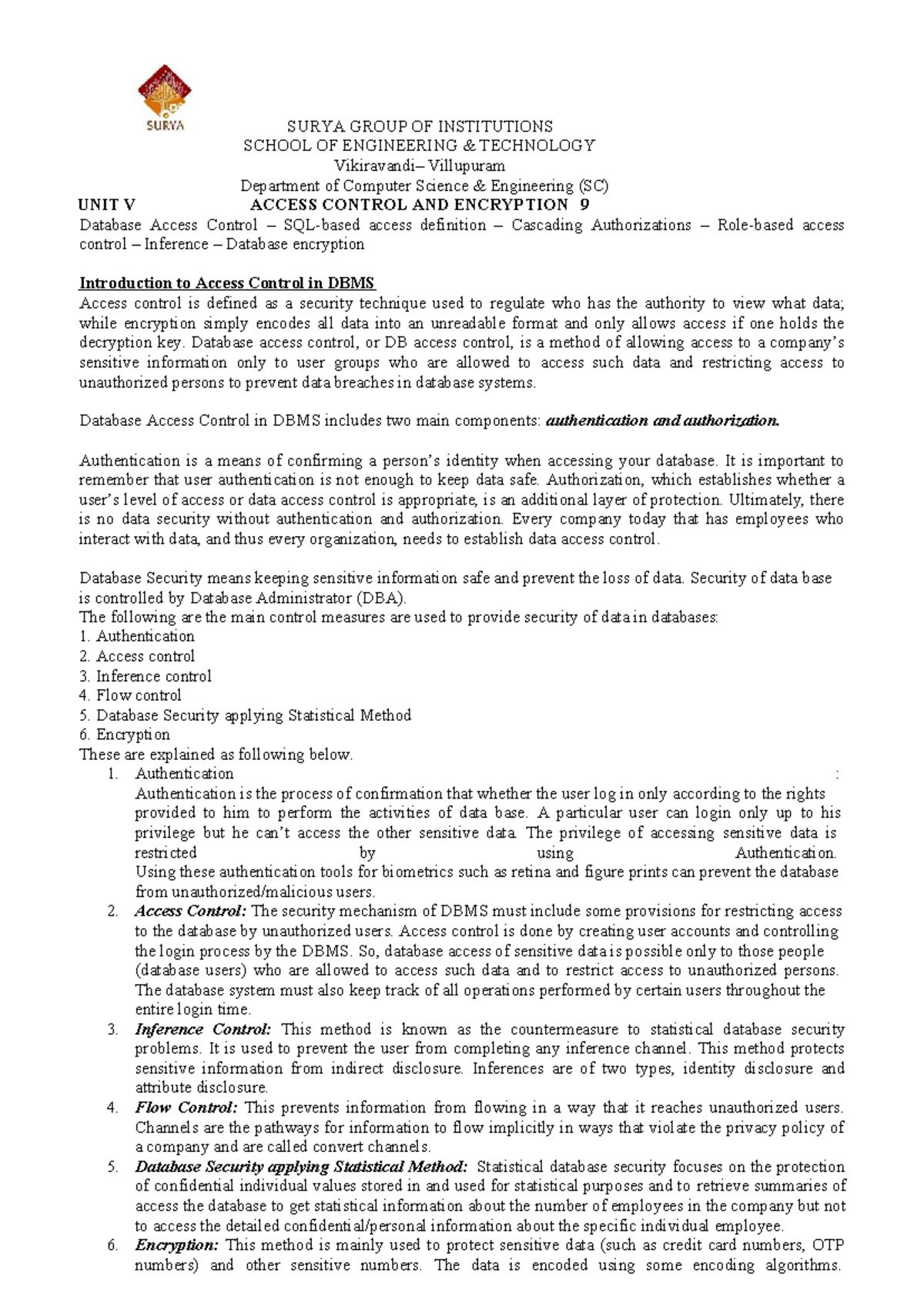 Unit V DBMS Notes: Access Control & Encryption (CSE SC) - Studocu