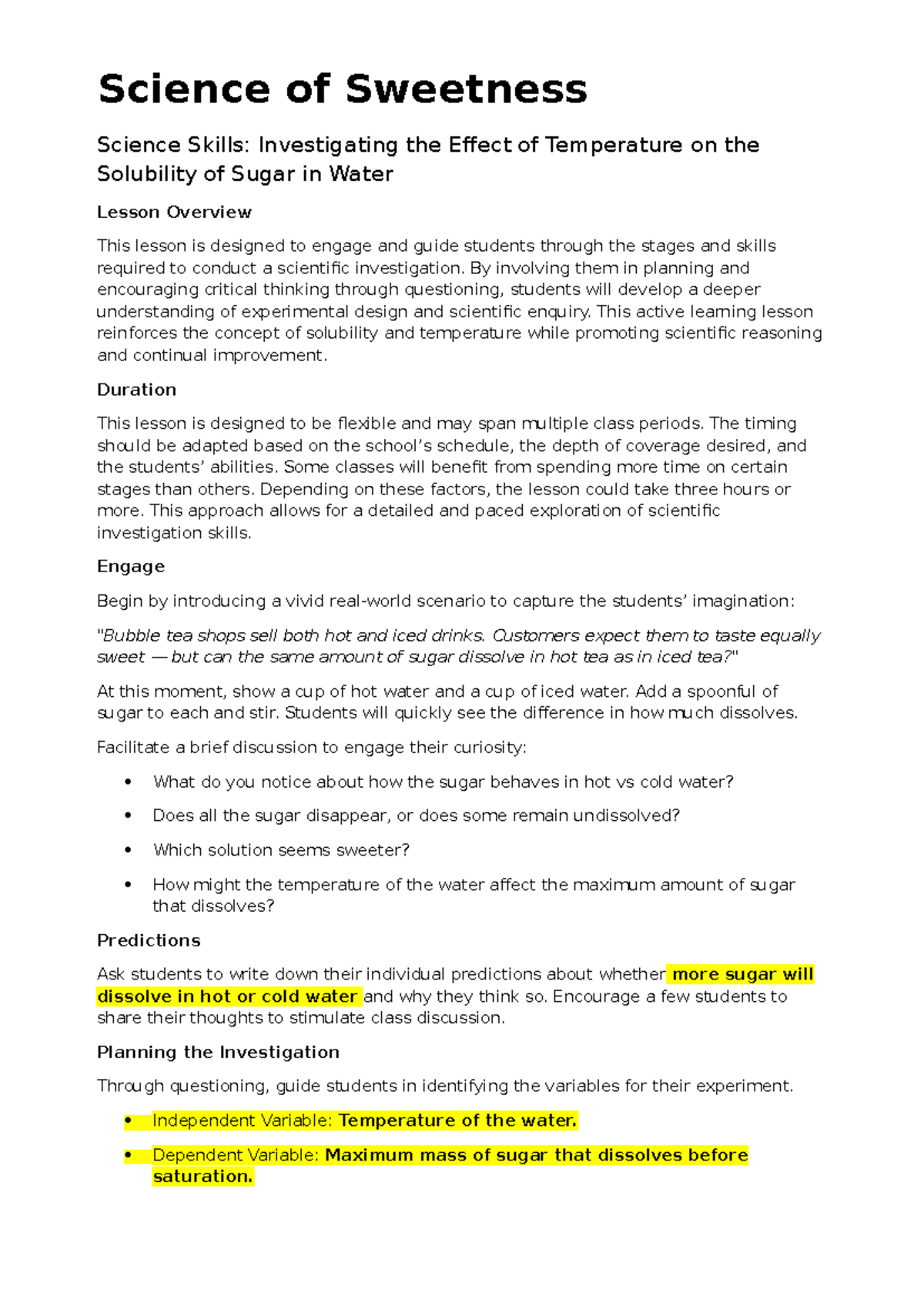 L5-7 Science: Investigating Sugar Solubility & Temperature Lesson Plan ...