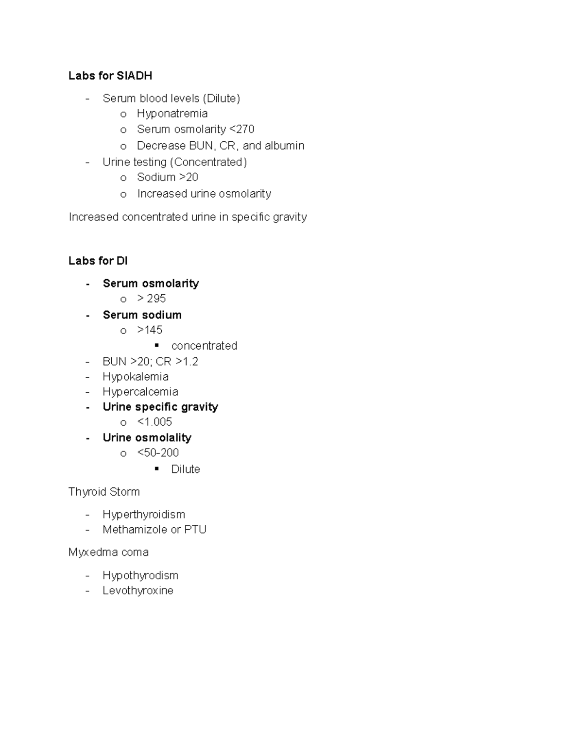 Labs for Siadh - Labs for SIADH - Serum blood levels (Dilute) o ...