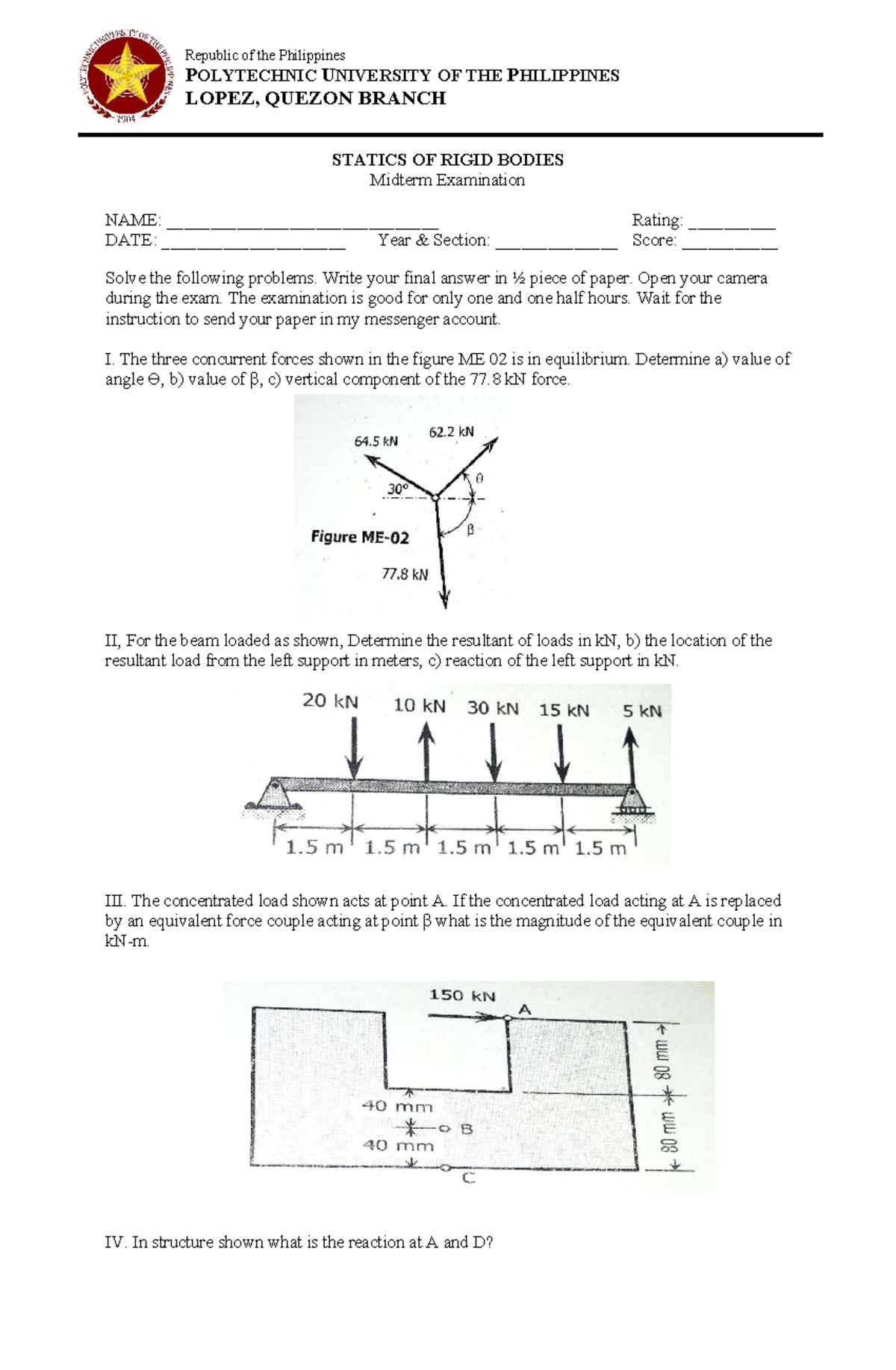 Pdfcoffee - huh - STATICS OF RIGID BODIES Midterm Examination NAME ...