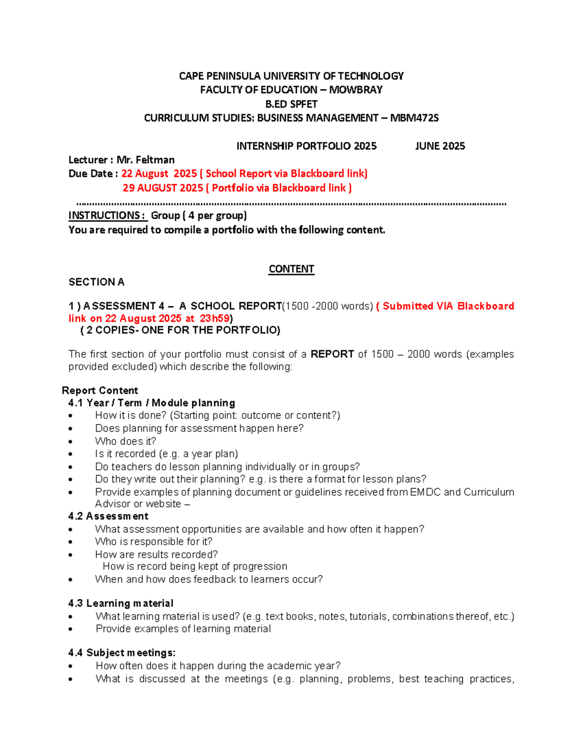 MBM472S Internship Portfolio Guidelines for B.Ed Curriculum Studies ...