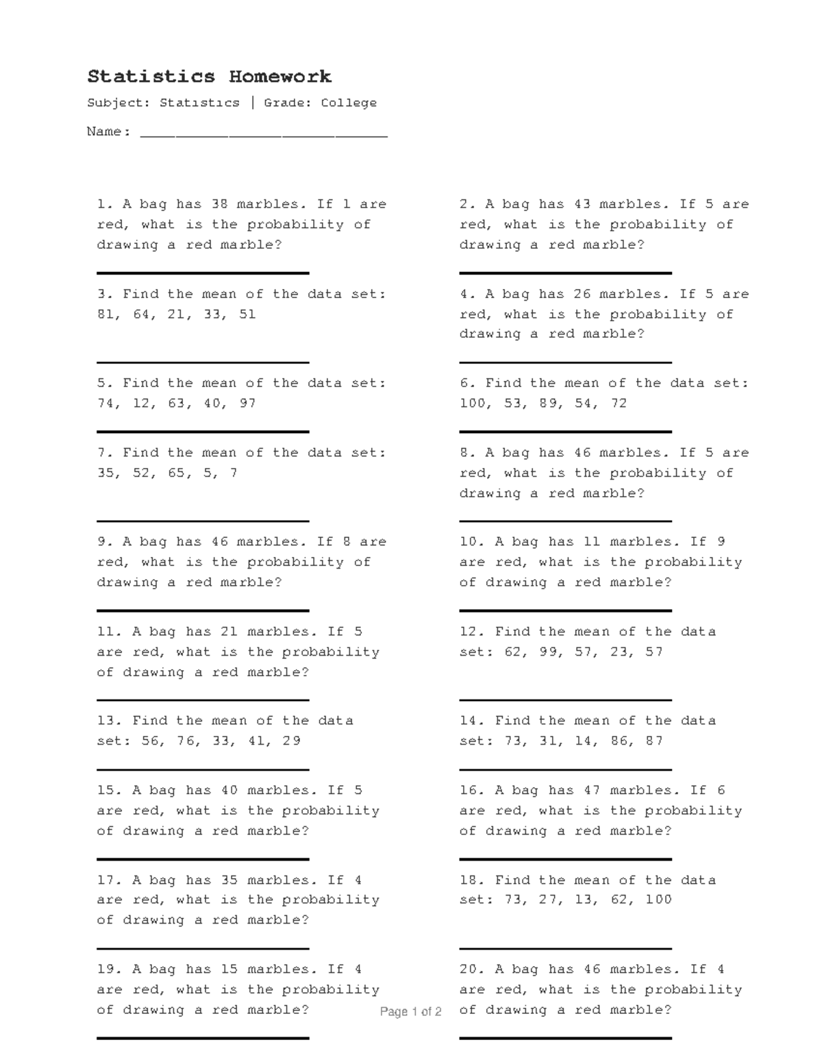 Statistics Homework 3: Probability & Mean Calculations - Studocu