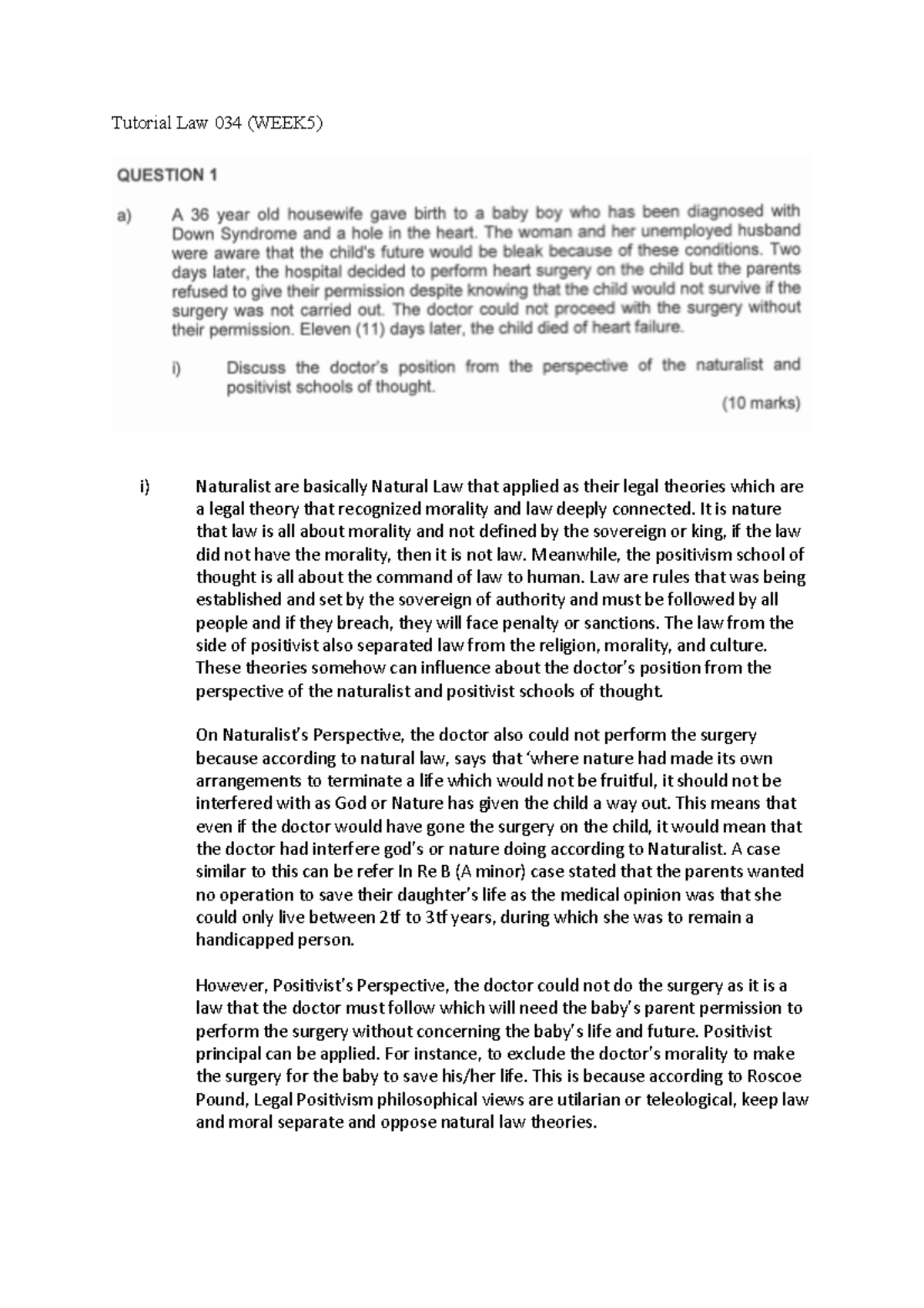 LAW034 TUTORIAL WEEK 5: Natural Law vs Positivism in Medical Ethics ...