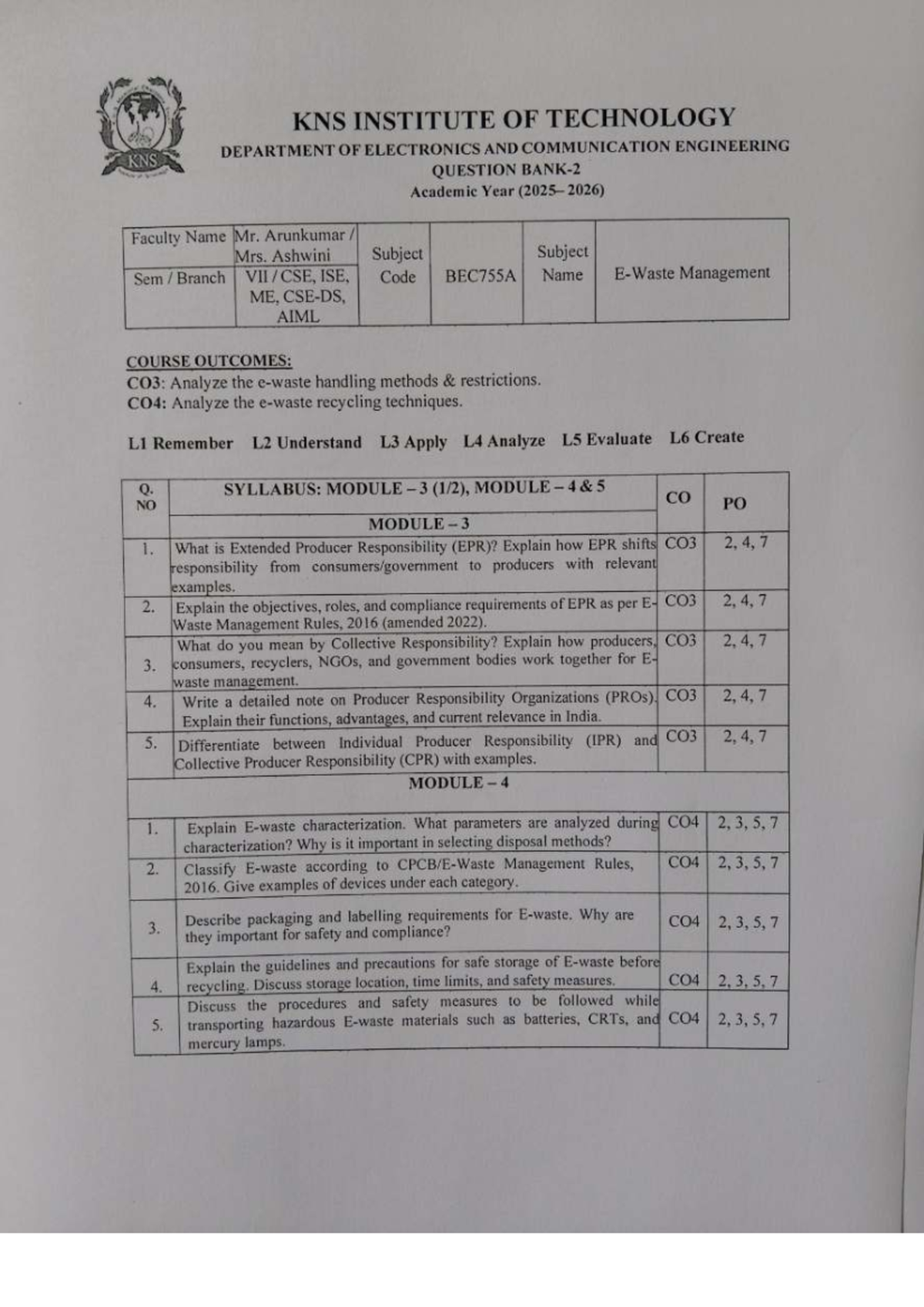 E-Waste Management Q&A Bank BEC755A - Sem VII CSE, ISE - Studocu
