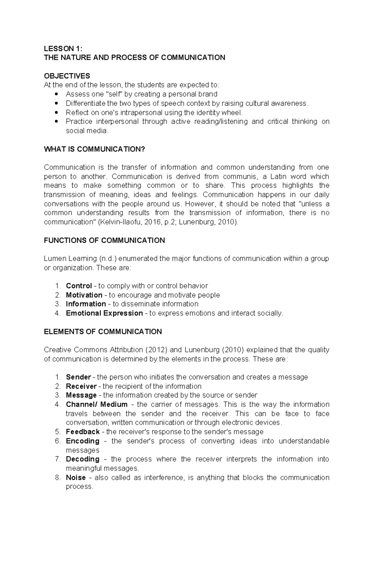 Lesson 1 - Nature of Communication - LESSON 1: THE NATURE AND PROCESS OF COMMUNICATION ...