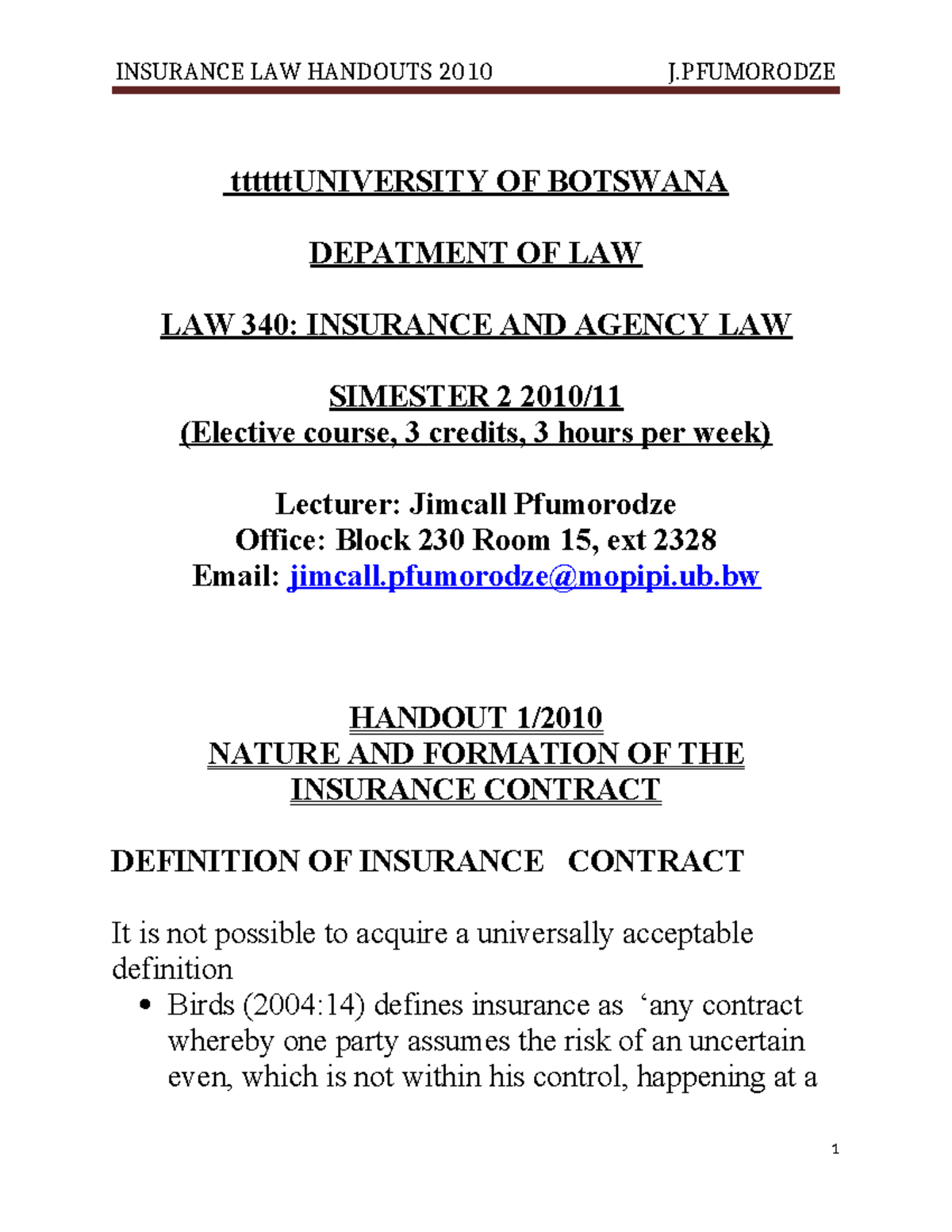 LAW 340: Insurance and Agency Law Handouts - Nature & Formation of ...