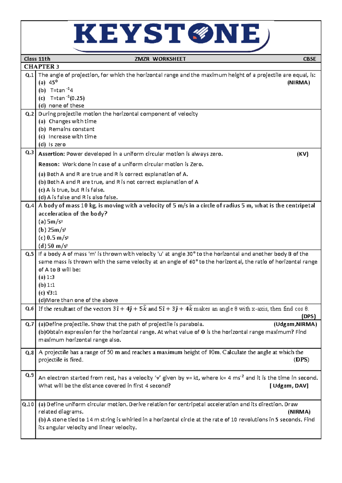 Class 11th ZMZR Worksheet 3 CBSE: Projectile Motion & Circular Motion ...