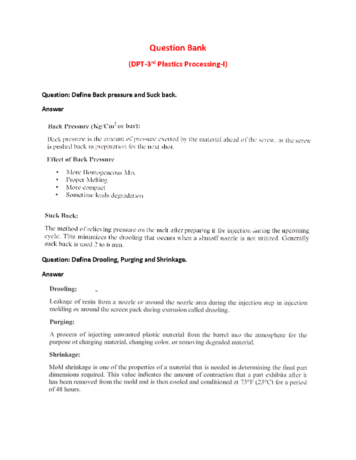 DPT-3rd Plastics Processing-I: Question Bank Overview - Studocu