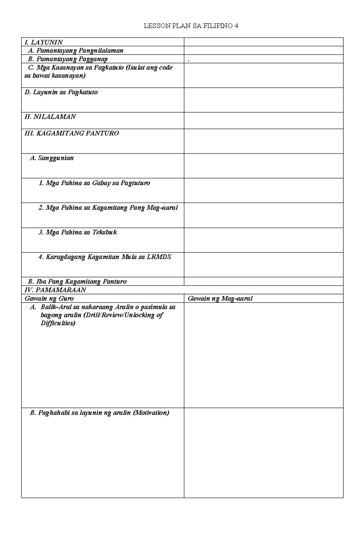 ESC16 Lesson Plan for Filipino 4: Objectives and Methods - Studocu