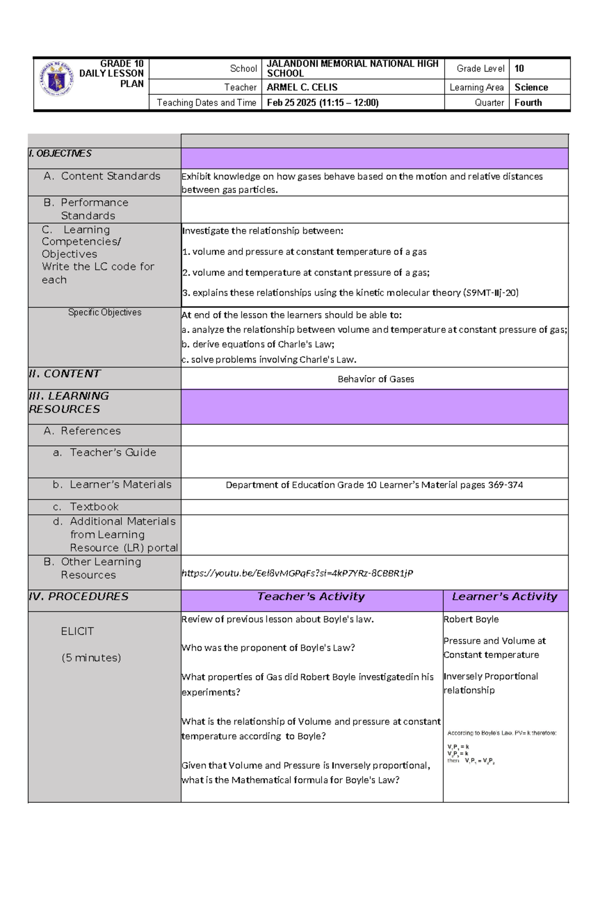 Charles Law - Lesson Plan - GRADE 10 DAILY LESSON PLAN School JALANDONI ...