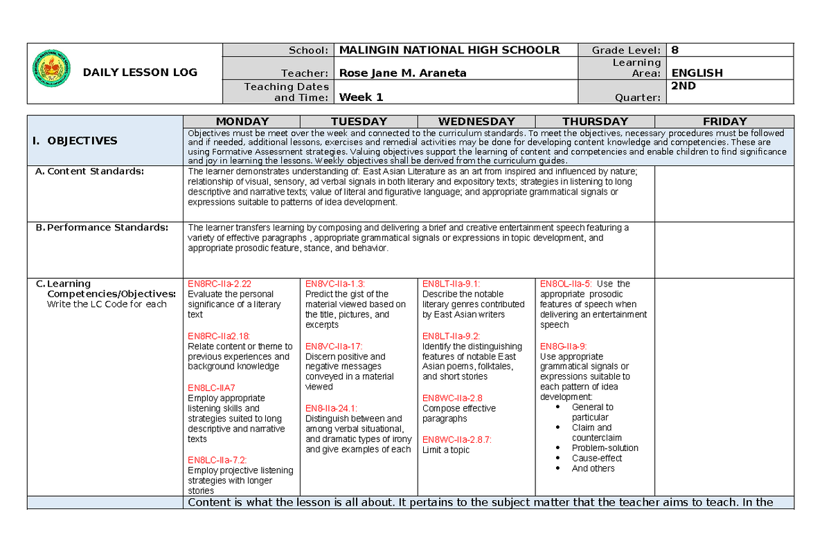 DLL ENG8 2NDQ 1st week - Lesson Plan - DAILY LESSON LOG School ...