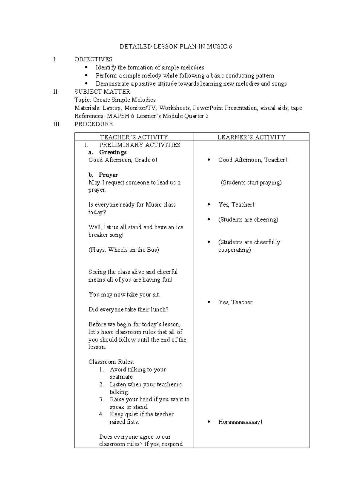 Lesson PLAN IN Music 6 - thankyou - DETAILED LESSON PLAN IN MUSIC 6 I ...