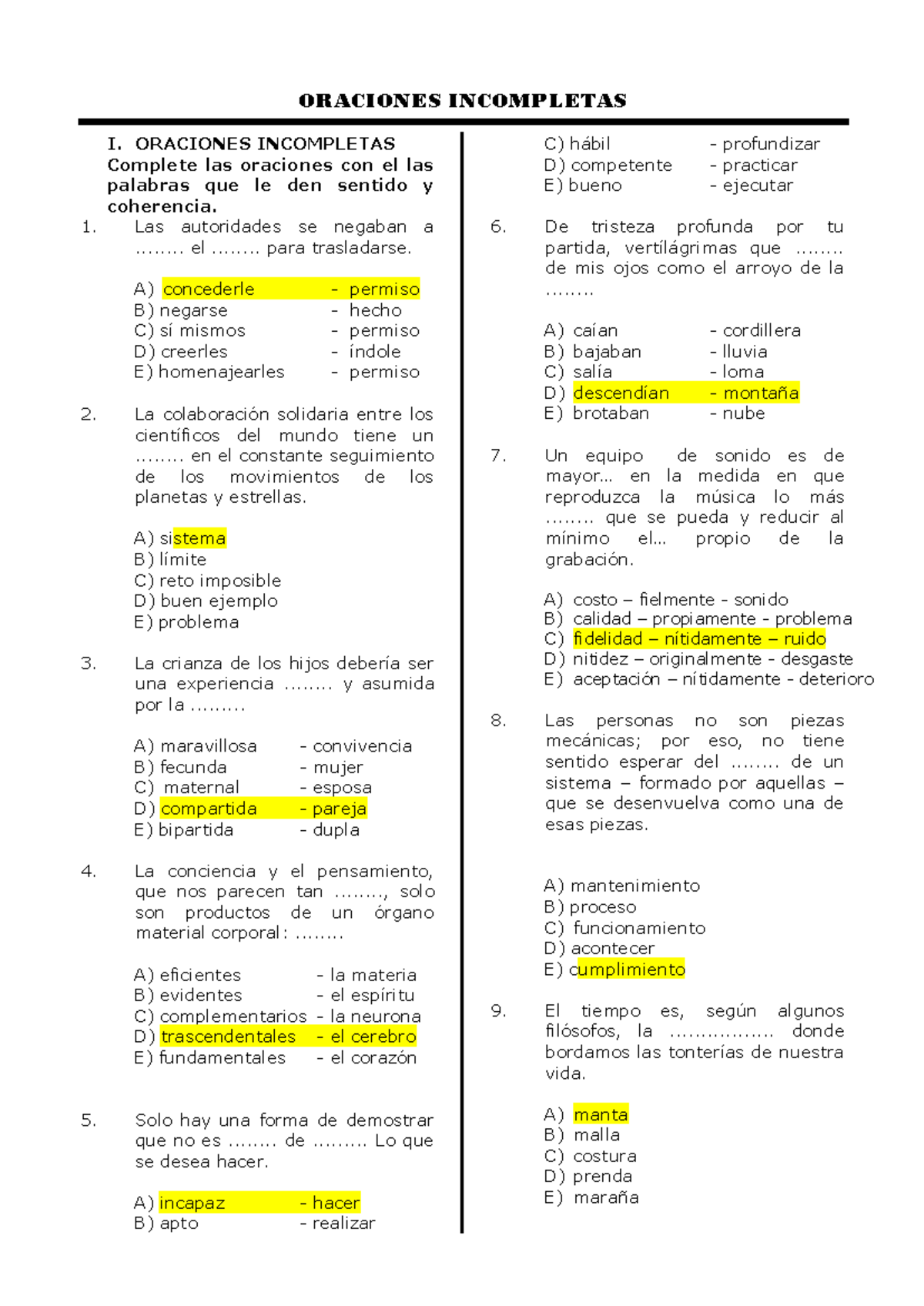 Completar oraciones 1 solución - I. ORACIONES INCOMPLETAS Complete las ...