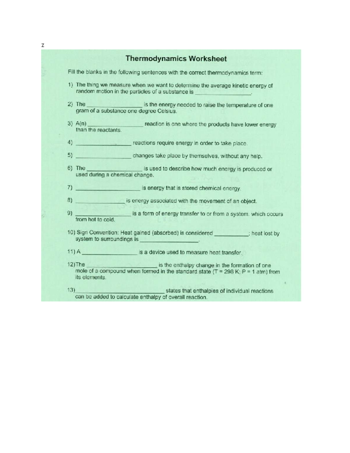 Z Thermodynamics Worksheet: Key Terms and Concepts - Studocu