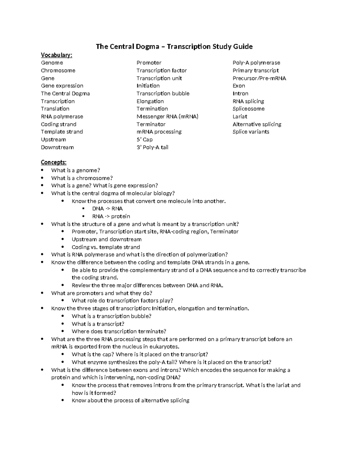 Central Dogma of Molecular Biology: Transcription Study Guide - Studocu