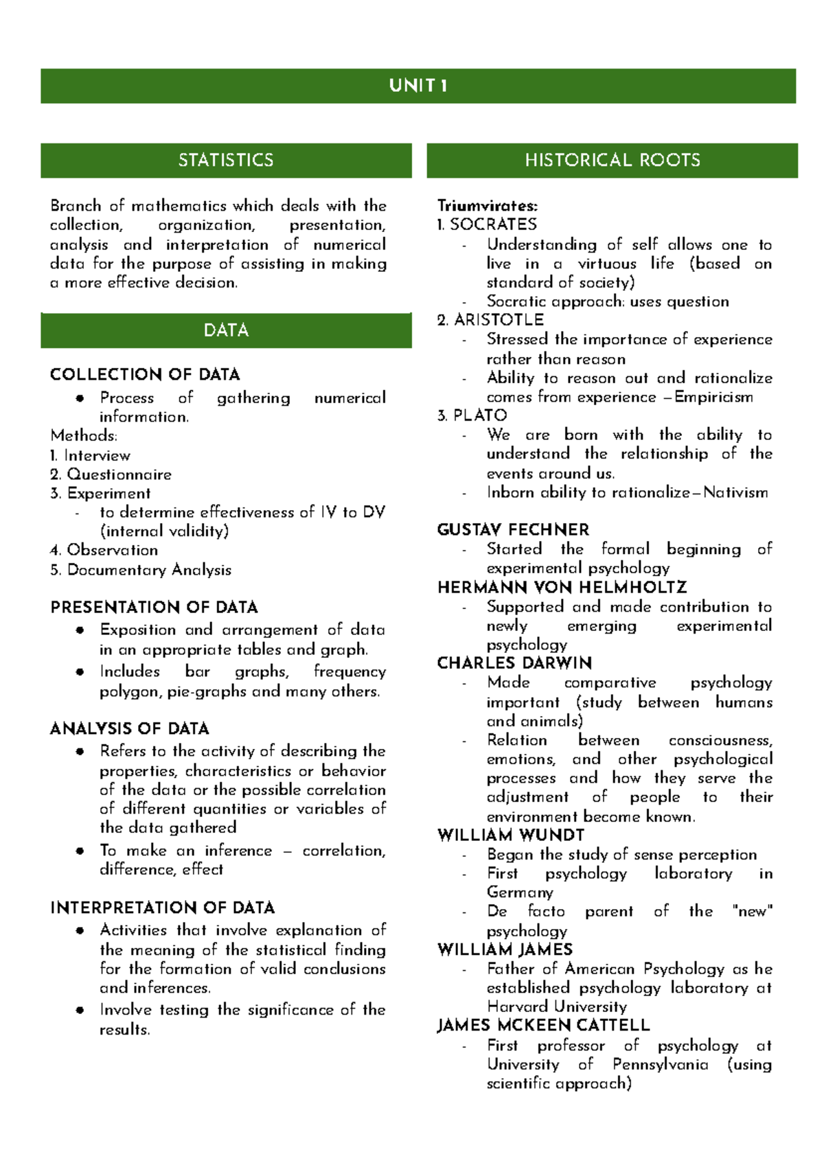 Psych- Stats - UNIT 1 STATISTICS Branch of mathematics which deals with ...